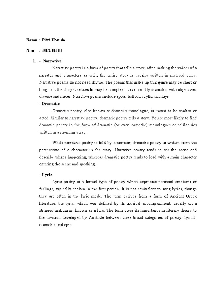 Types of Poetry Explained: Narrative, Dramatic, Lyric | PDF | Lyric ...