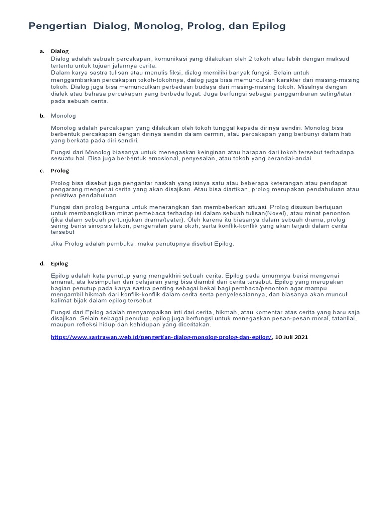 Pengertian Dialog, Monolog, Prolog, Epilog | PDF