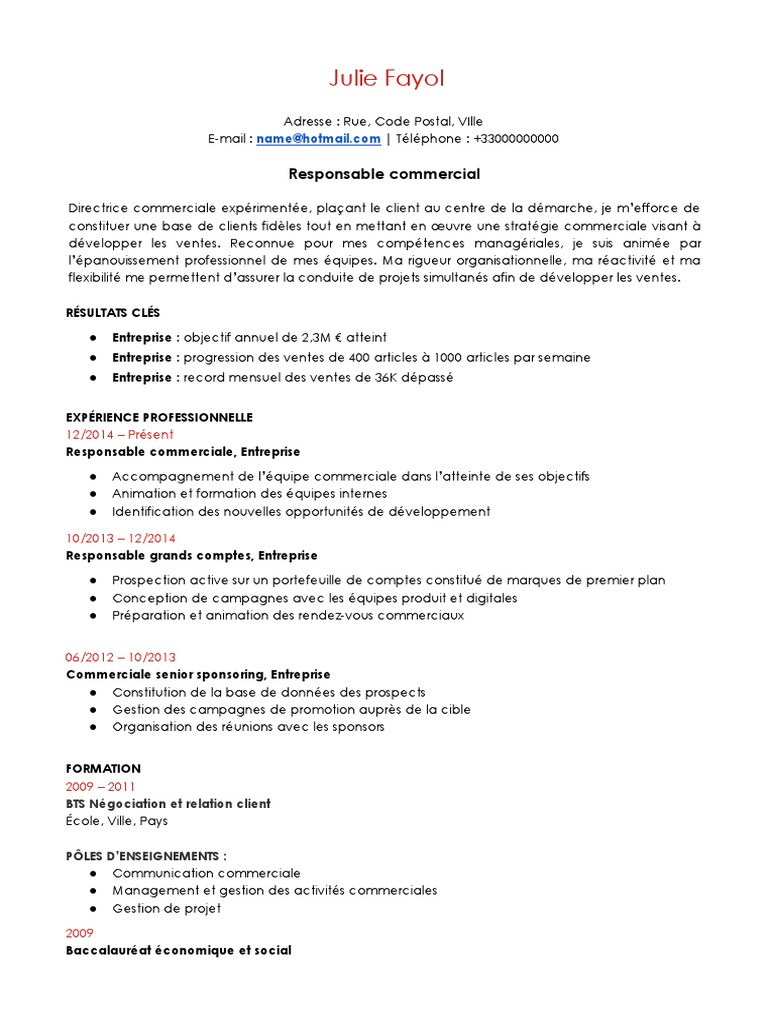 Exemple CV Responsable Commercial | PDF | Évolution de carrière
