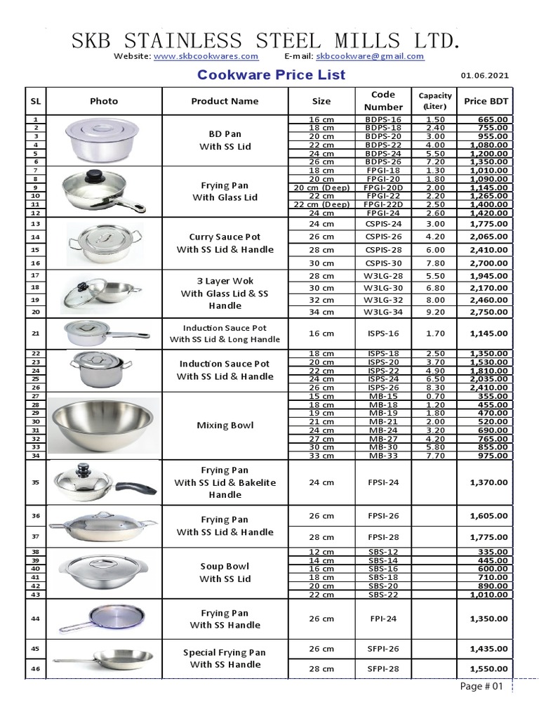SKB Stainless Steel Mills LTD.: Cookware Price List | PDF | Cookware ...