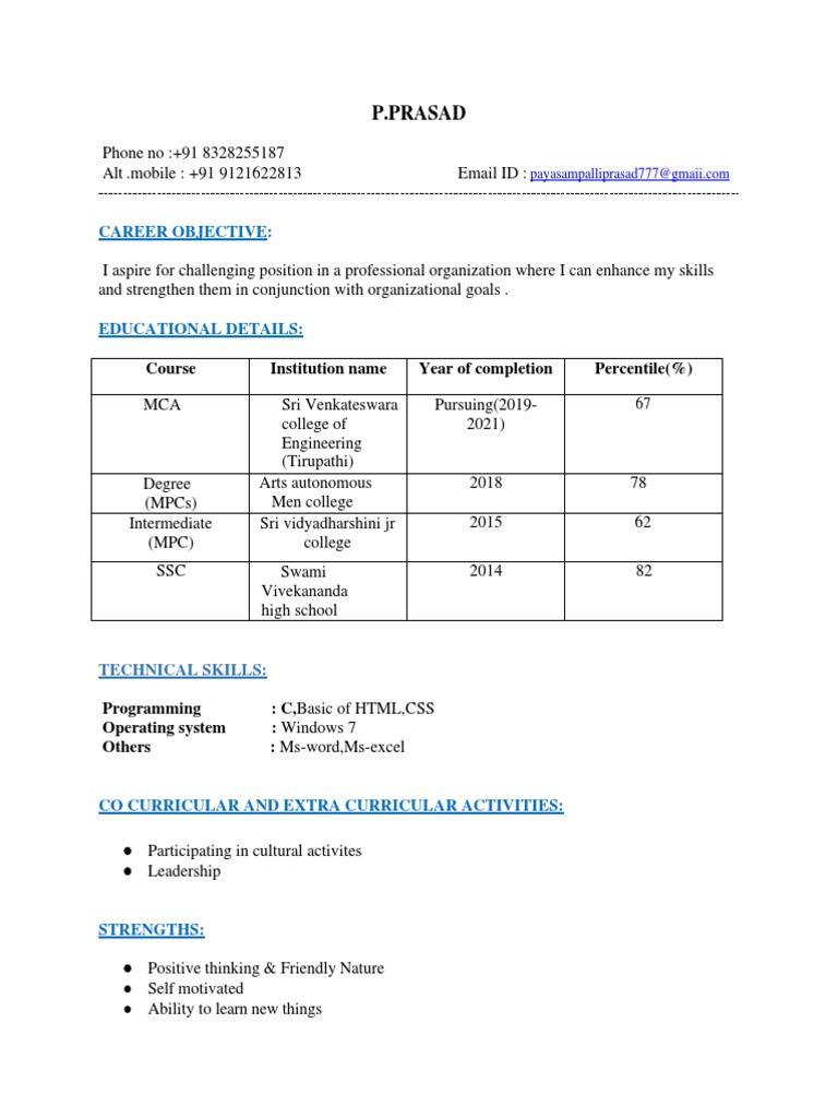 Aspiring MCA Graduate Resume | PDF