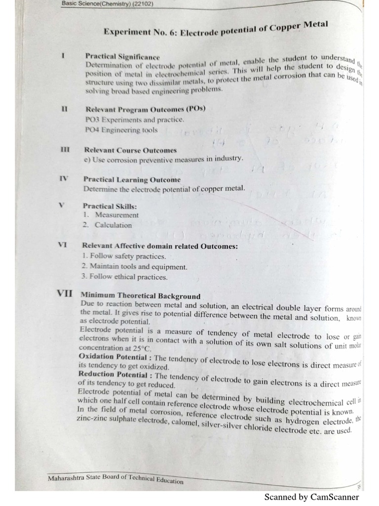 Experiment No. 6 Electrode Potential of Copper Metal | PDF