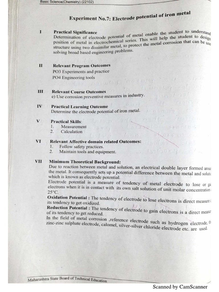 Experiment No. 7 Electrode Potential of Iron Metal | PDF