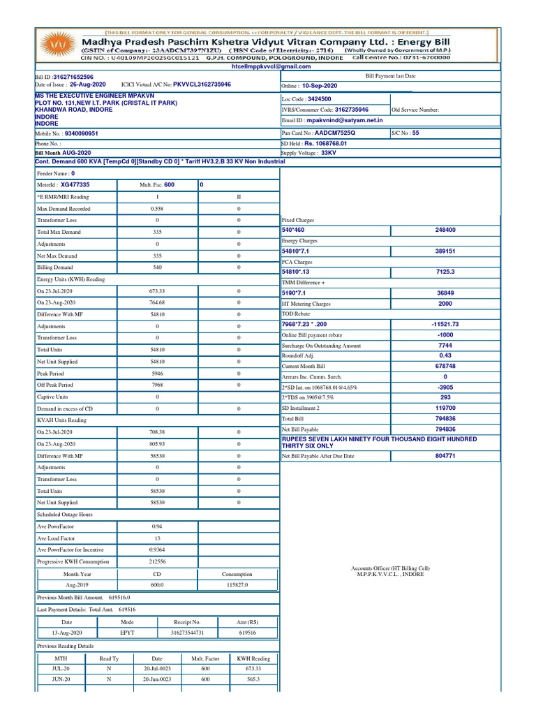 HT - Bill August 2020 | PDF | Electrical Engineering | Power (Physics)