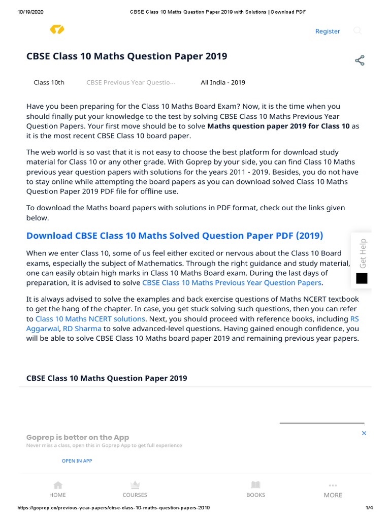 CBSE Class 10 Maths 2019 Solutions | PDF | Teaching Mathematics | Test ...