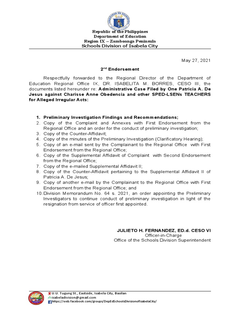 2nd Endorsement for Administrative Case | PDF