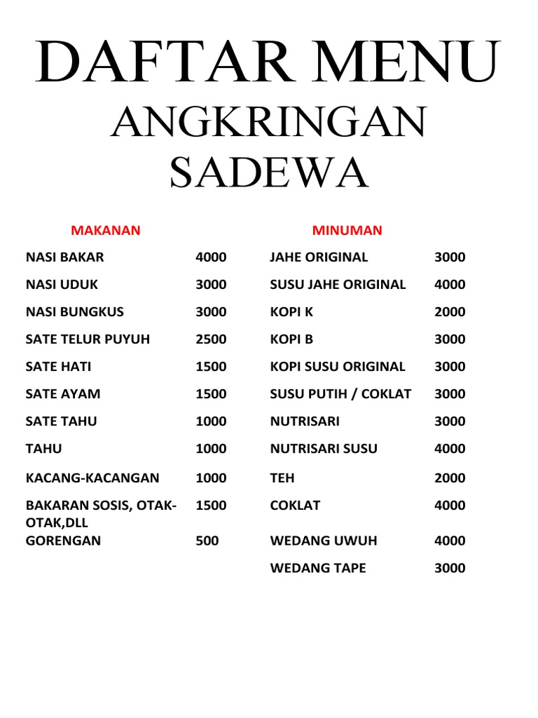 Daftar Menu Angkringan Sadewa | PDF | Memasak, Makanan, & Anggur ...