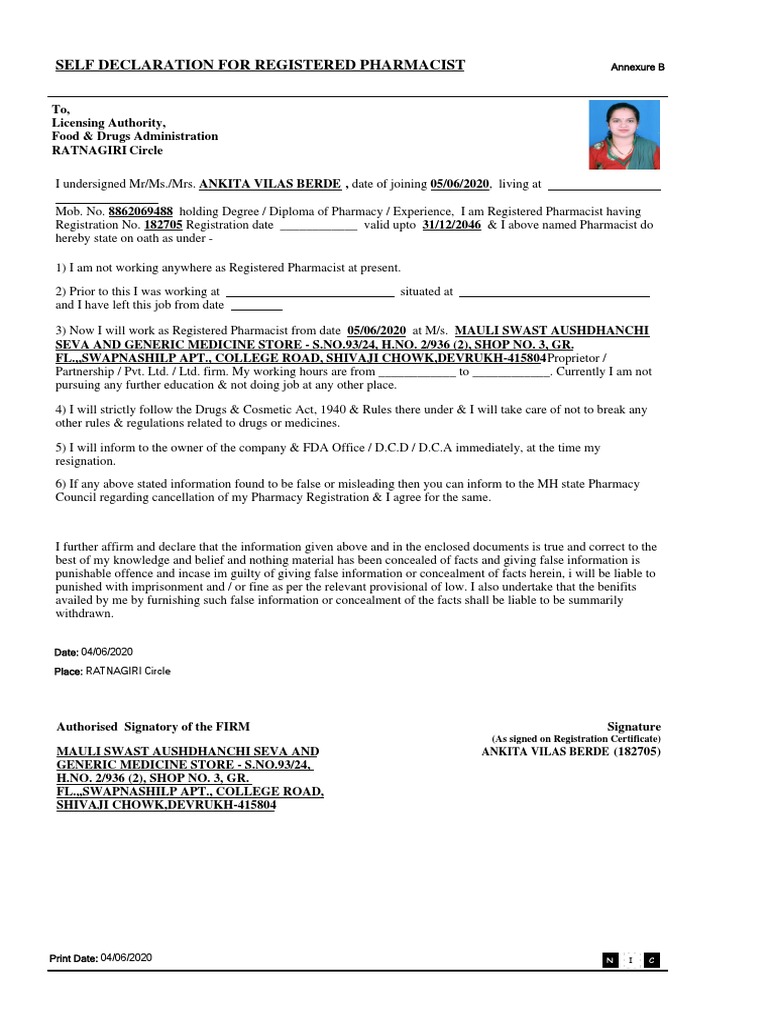 Registered Pharmacist Self Declaration | PDF | Pharmacy | Pharmacist
