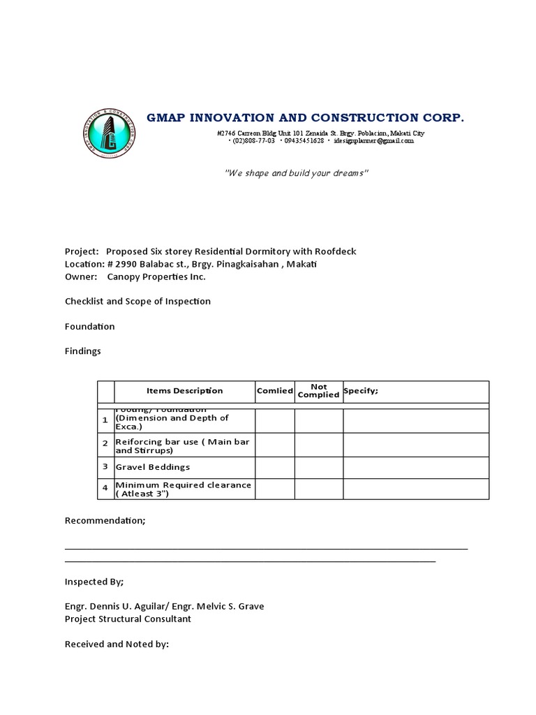 Proposed Six Storey Residential Dormitory: Foundation Inspection Report ...