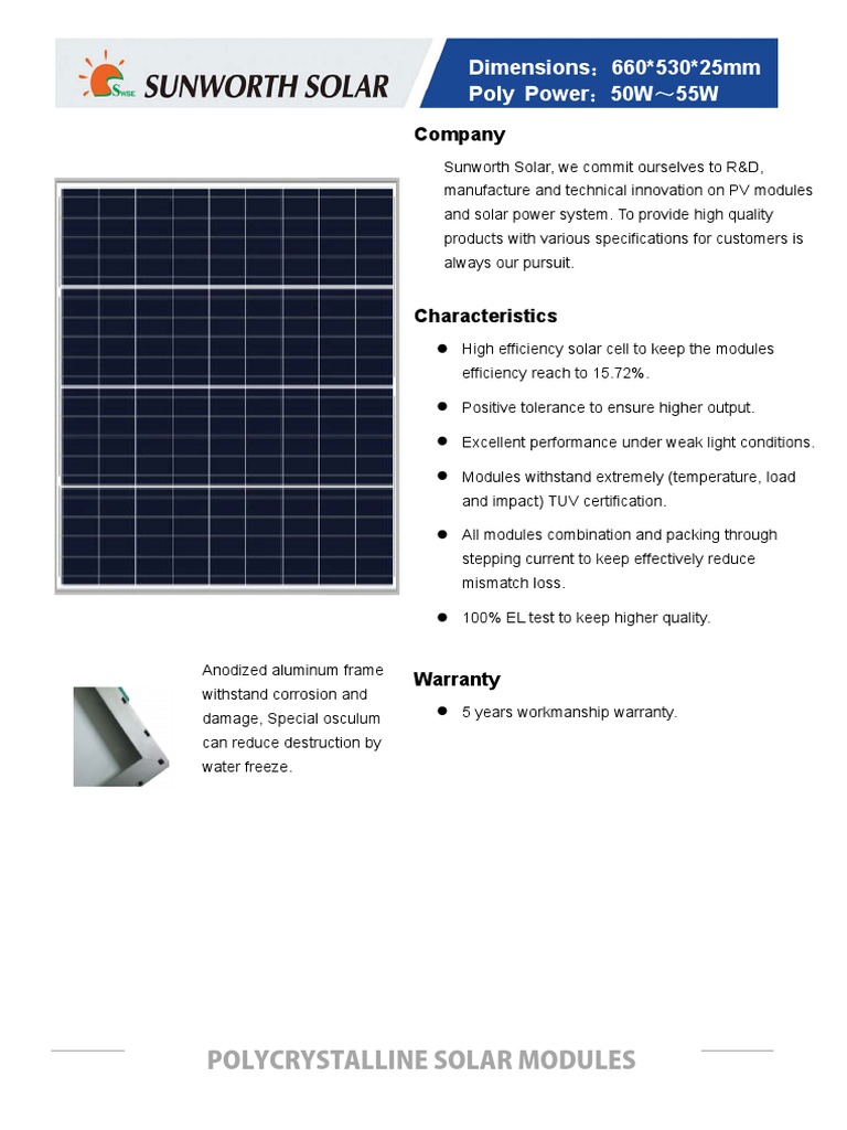 50W-55W Polycrystalline Solar Modules | PDF | Solar Panel | Equipment