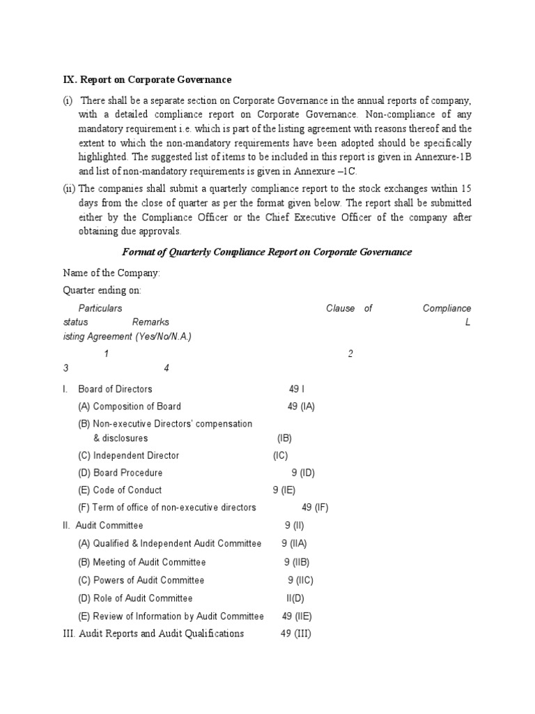 Format of Quarterly Compliance Report On Corporate Governance | PDF ...