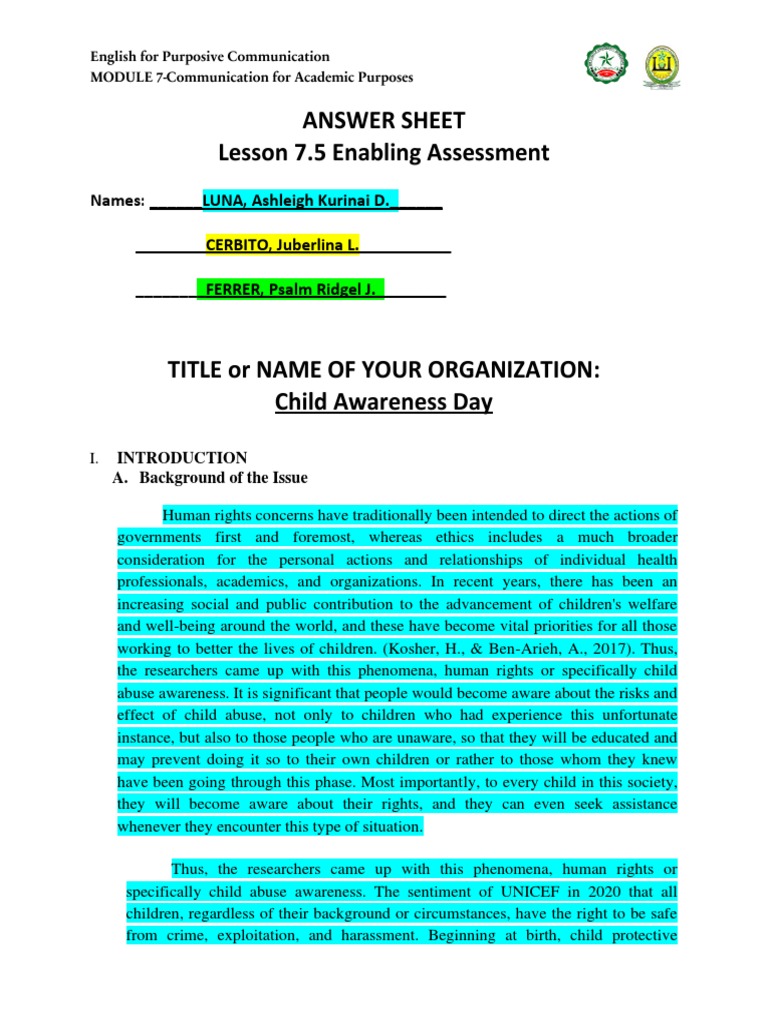 Answer Sheet Lesson 7.5 Enabling Assessment | PDF | Child Abuse ...