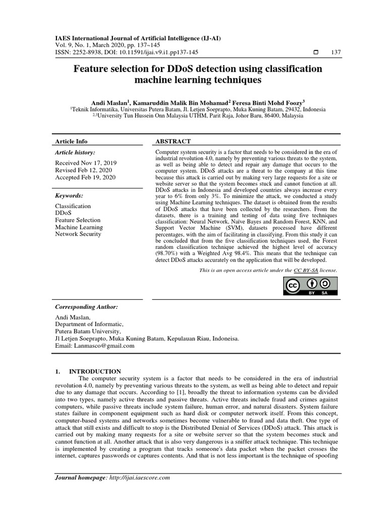 Feature Selection For Ddos Detection Using Classification Machine Learning Techniques | PDF ...