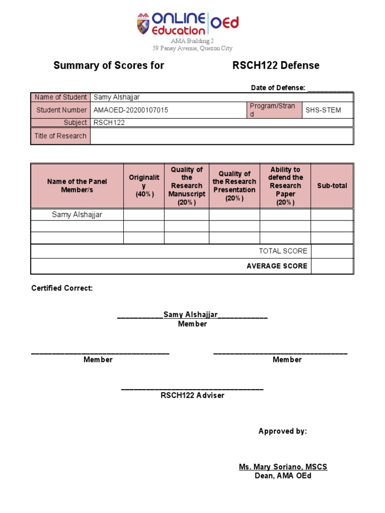 Final RSCH122 Defense Rubrics | PDF