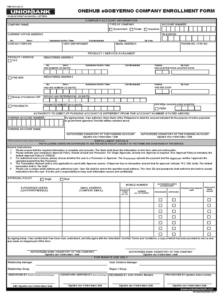 UnionBank OneHub Enrollment Form | PDF | Signature | Payments