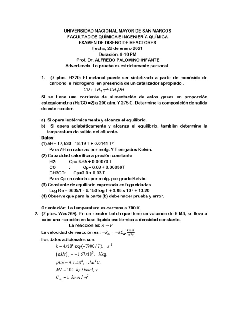 EXAMEN de Diseño de Reactores 2020 Dos | PDF | Reactor Quimico | Química