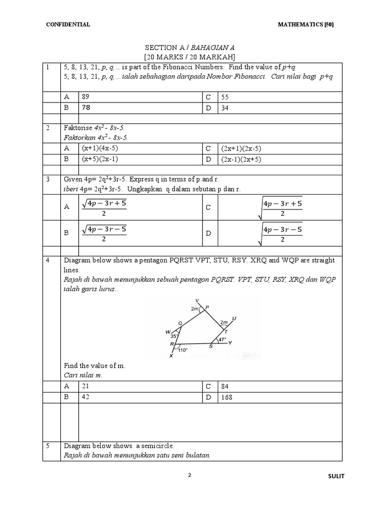 Form 2 Math Midterm - Lim | PDF