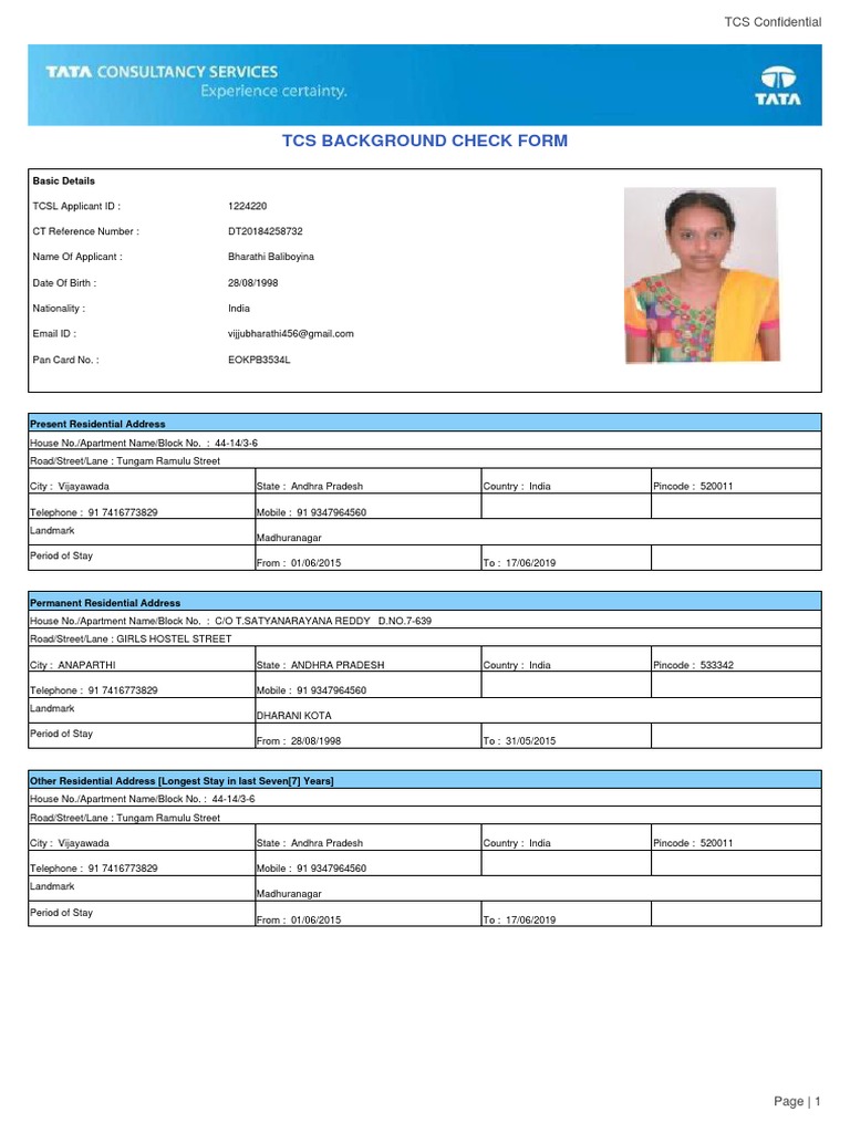 Tcs Background Check Form: Basic Details | PDF | Justice | Crime & Violence
