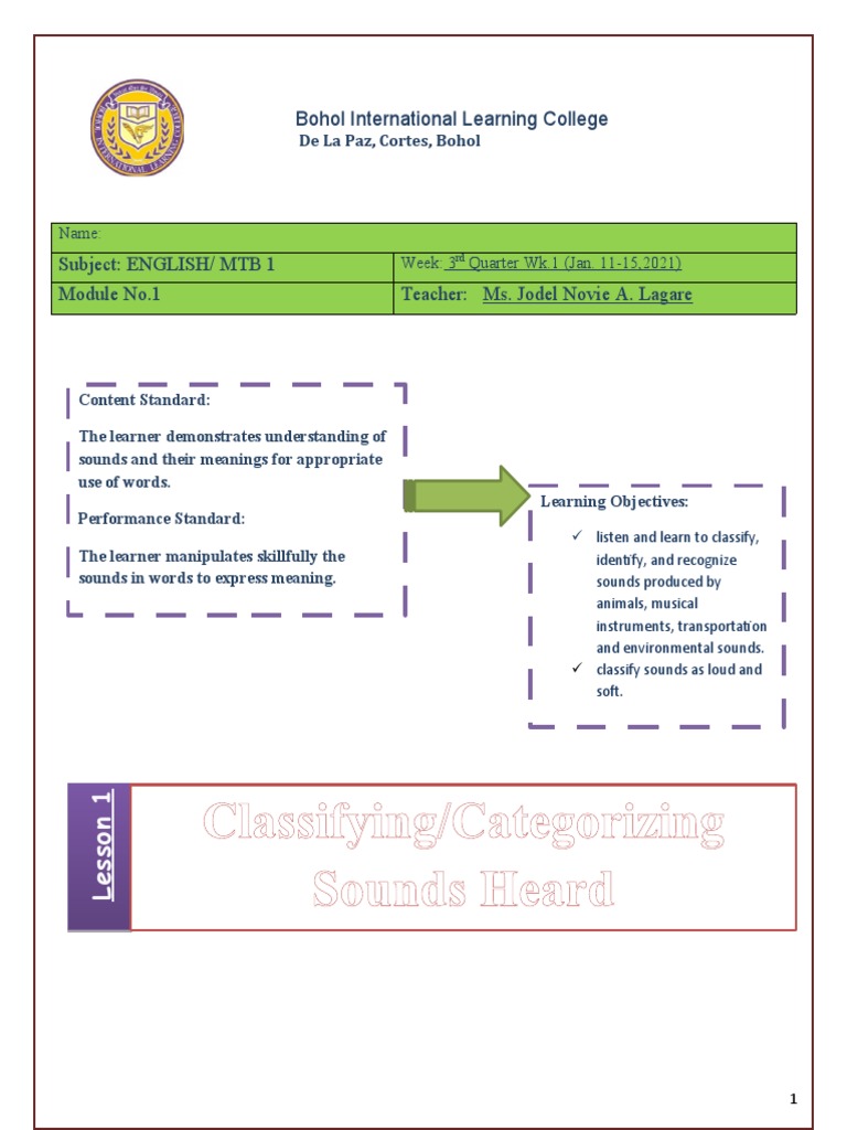 Classifying/Categorizing Sounds Heard: Bohol International Learning College | PDF | Sound ...