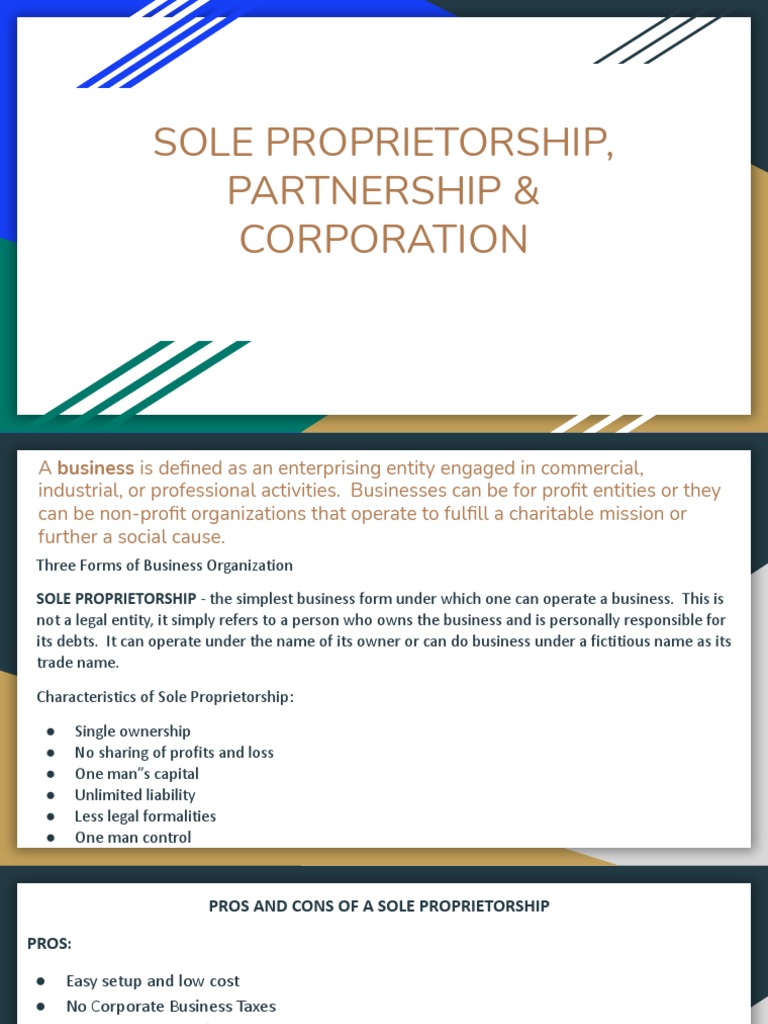 Sole Proprietorship, Partnership & Corporation | PDF | Sole Proprietorship | Corporations