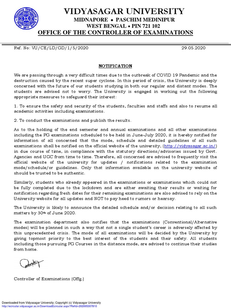 Vidyasagar University: Office of The Controller of Examinations | PDF ...