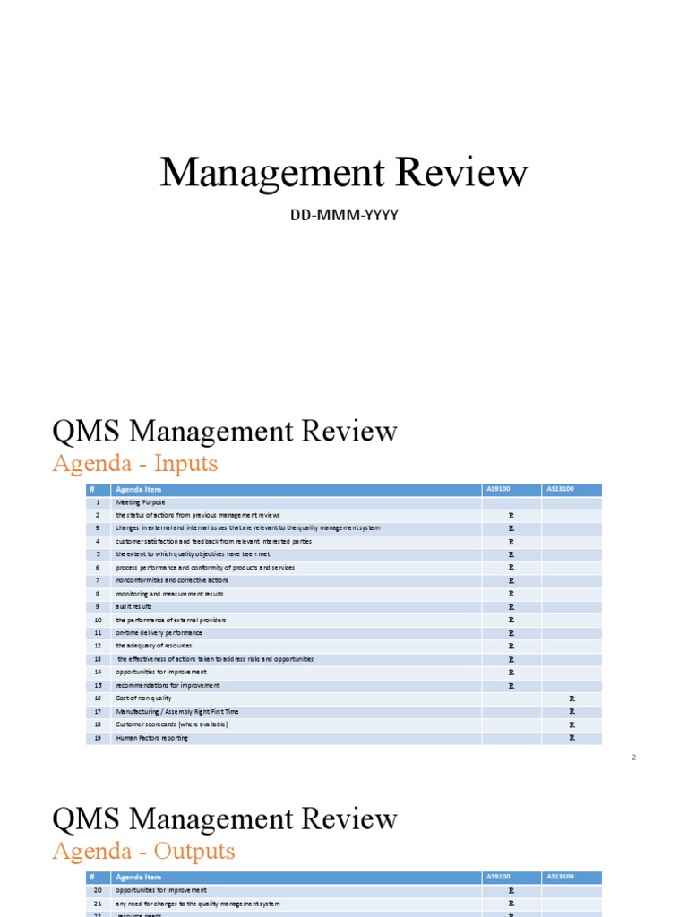 QMS Management Review Agenda and Insights | PDF | Quality Management ...