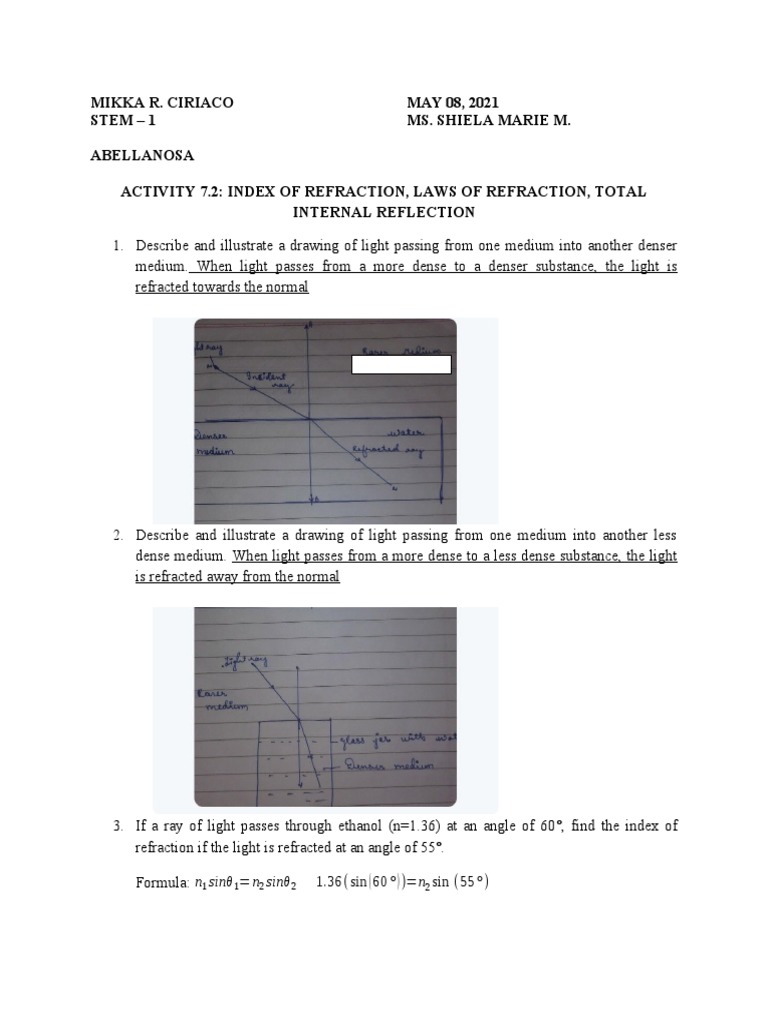 Physics Activity7.2 Ciriaco | PDF | Refraction | Refractive Index