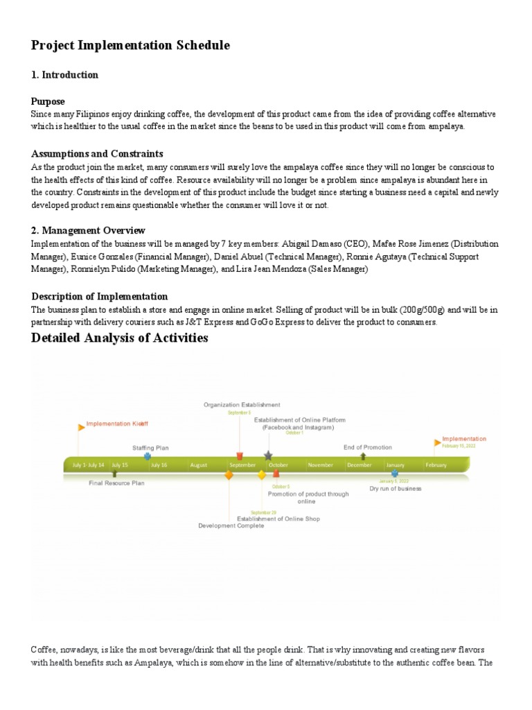 Project Implementation Schedule: Purpose | PDF | Coffee | Food And Drink