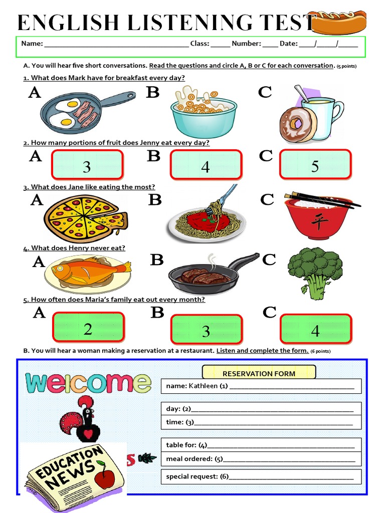 Listening A1 Test Food Information Gap Activities Oneonone Activities ...
