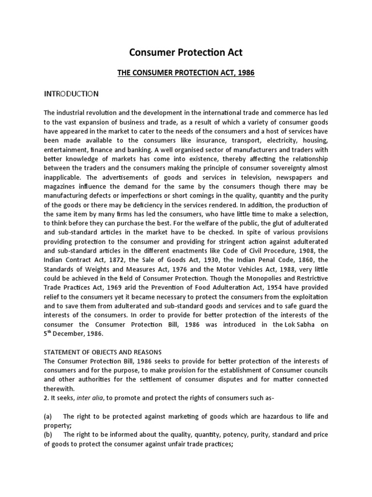 The Consumer Protection Act, 1986 | PDF | Consumer Protection | Product ...