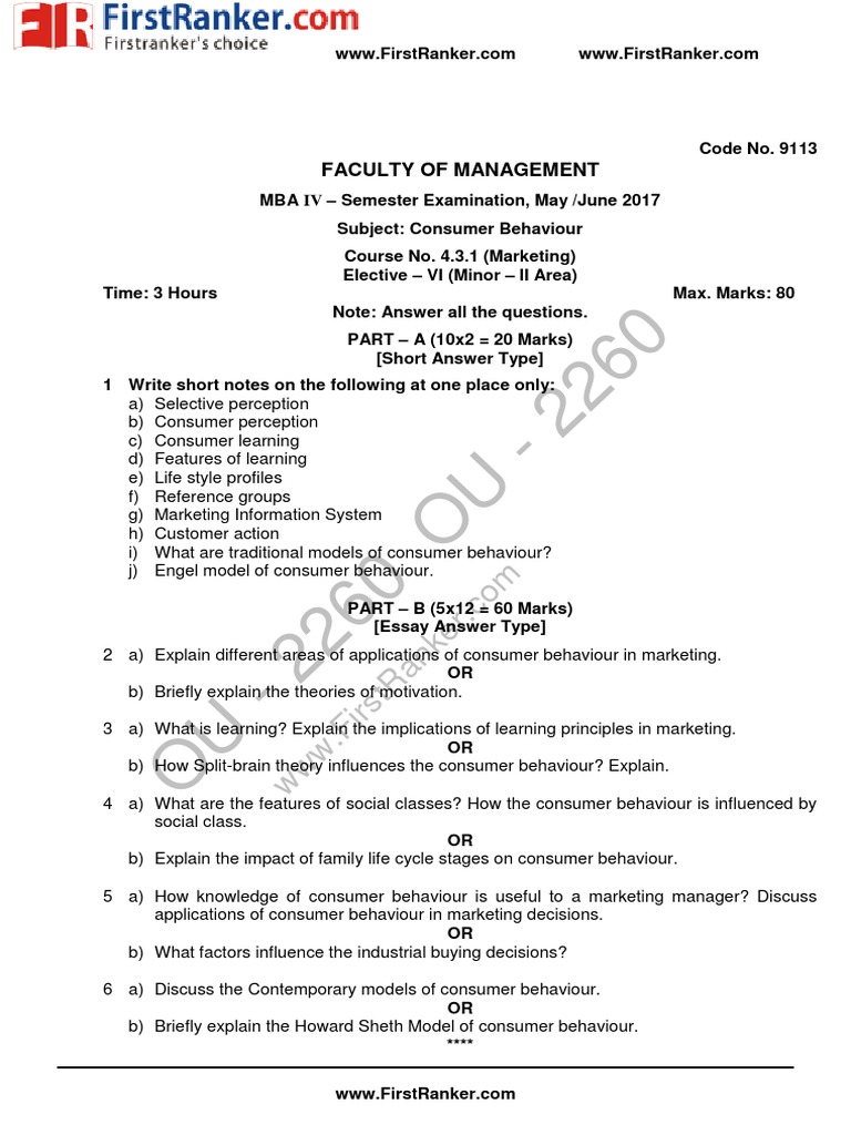 OU Osmania University - MBA - 2017 - 4th Semester - Jun - 9113 Consumer ...