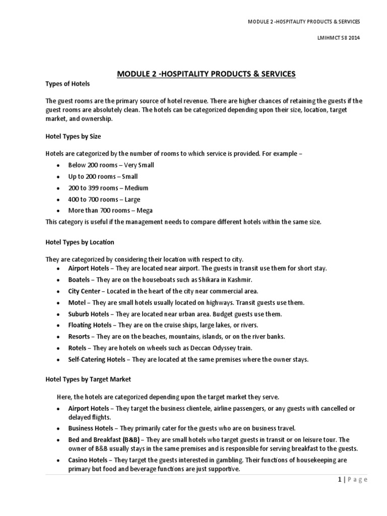 Types of Hotels and Room Descriptions | PDF | Bed And Breakfast | Hotel