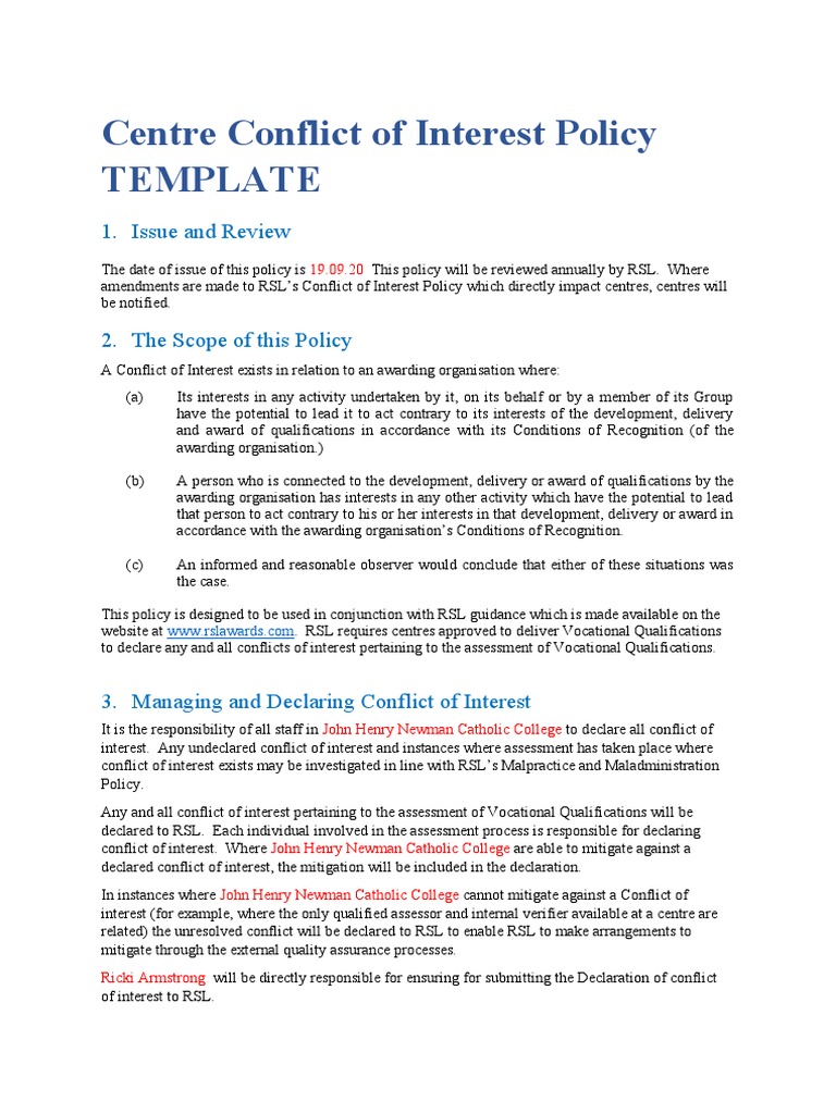 Conflict of Interest Policy Template | PDF | Business