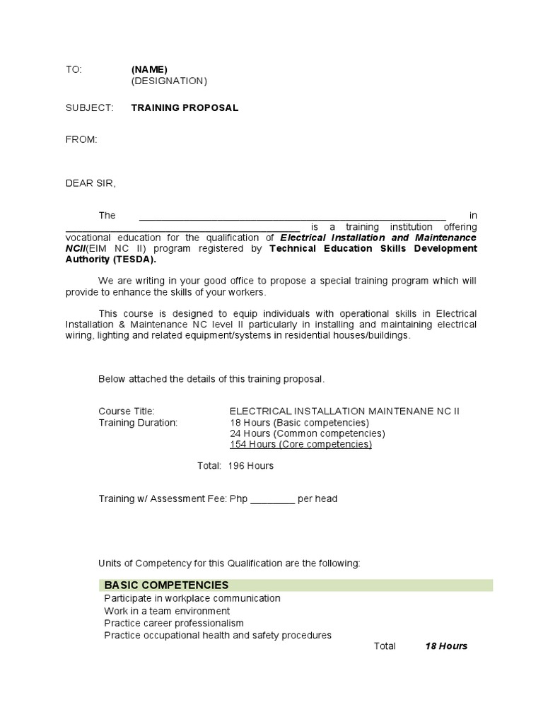 Sample Eim Training-Proposal | PDF | Vocational Education | Electrical ...