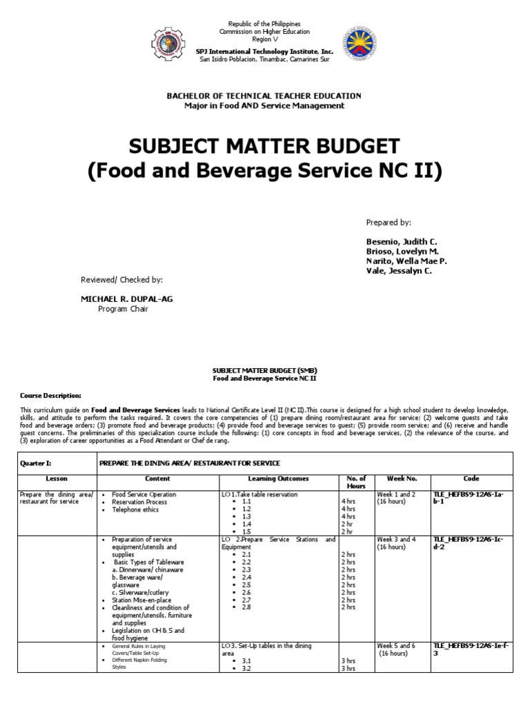 Subject Matter Budget (Food and Beverage Service NC II) | PDF ...