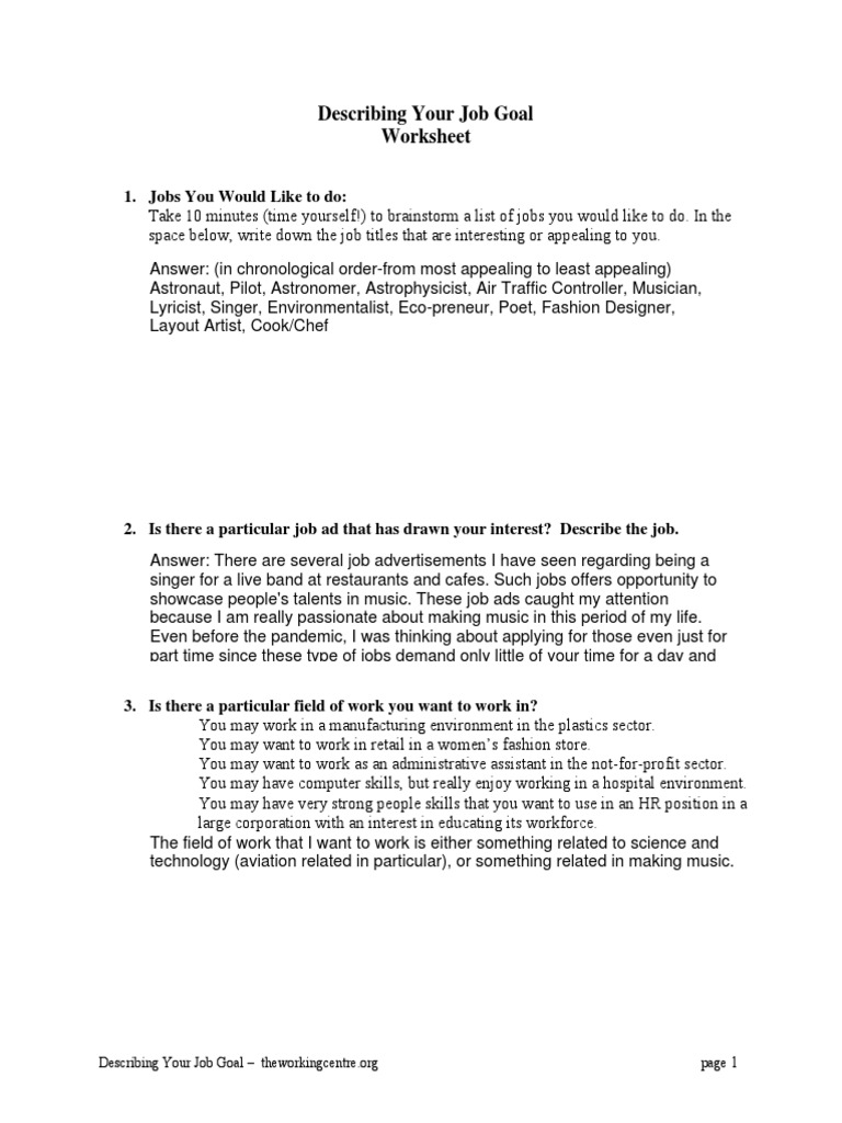 Describing Your Job Goal Worksheet | PDF | Employment | Salary