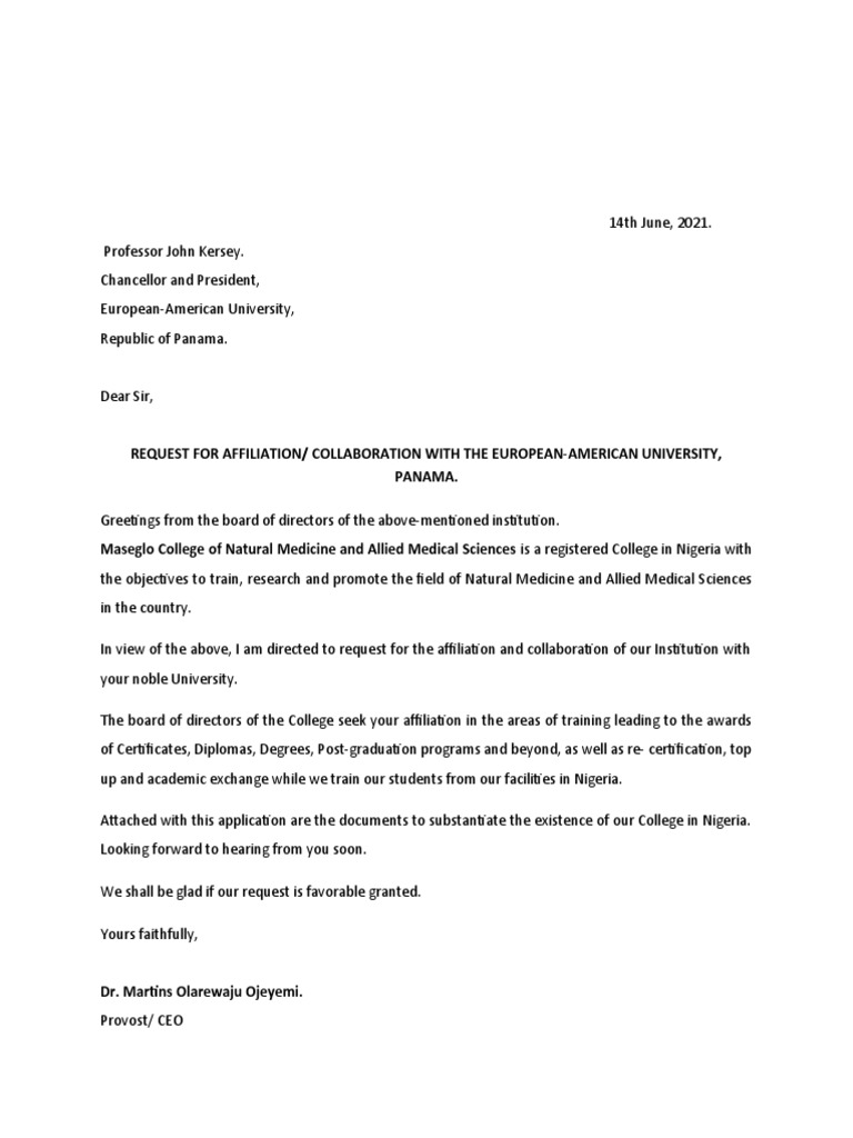 Request For Affiliation/ Collaboration With The European-American ...