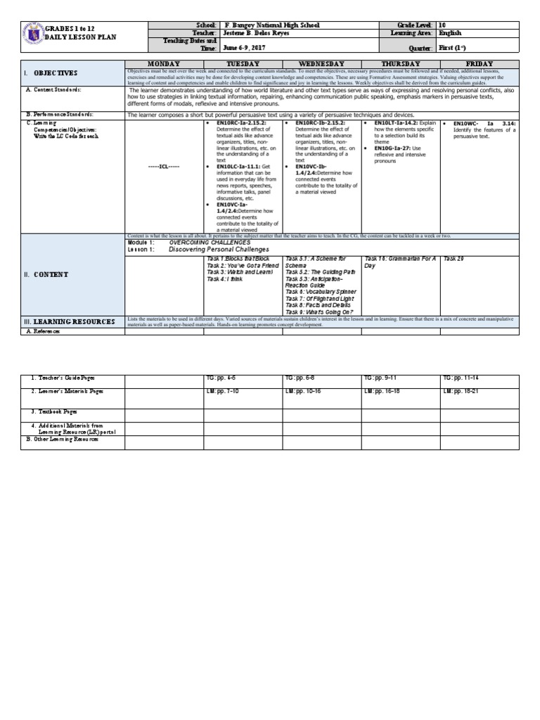 DLP GR10 Q1 WK1 L1 Jestene-Final | PDF | Lesson Plan | Learning