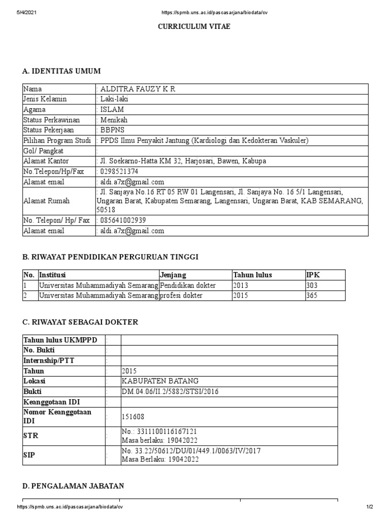 CV PPDS FK UNS Tahap 2 2021 | PDF