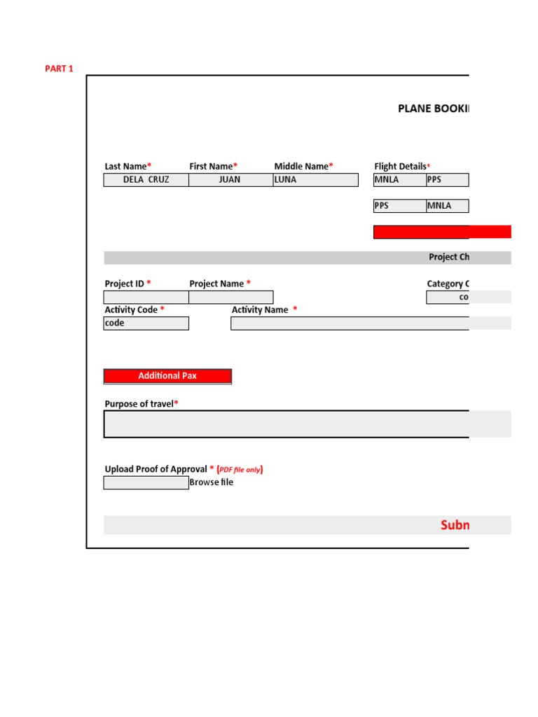 Plane Booking Request: Last Name First Name Middle Name Flight Details ...
