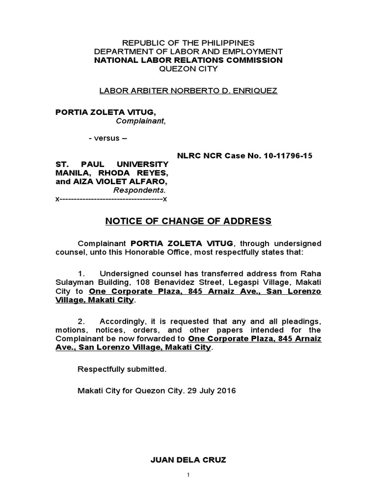 Notice of Change of Address | PDF | Law