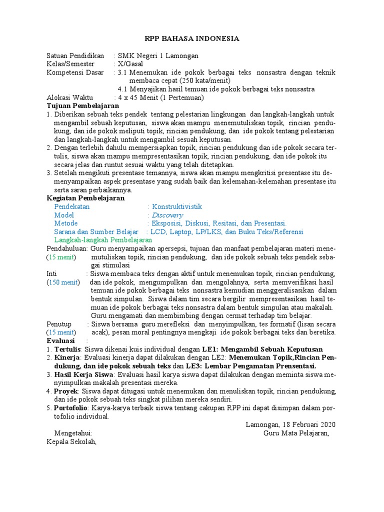 Contoh RPP Bahasa Indonesia (Merdeka Belajar) | PDF