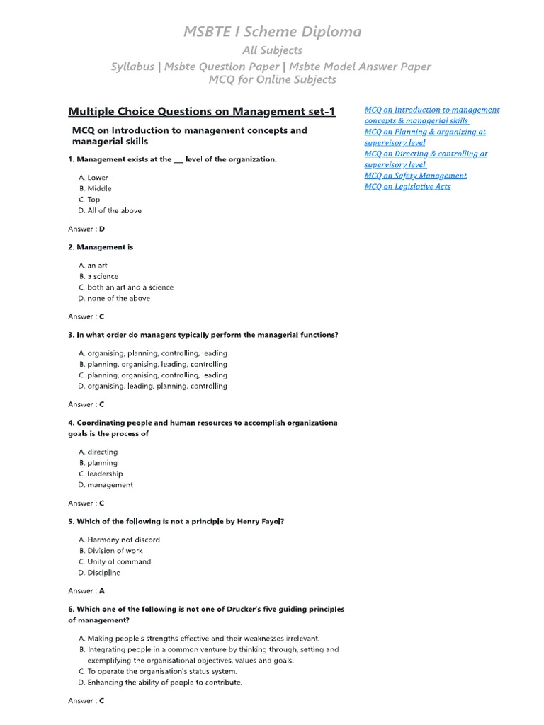 MCQ On Introduction To Management Concepts and Managerial Skills | PDF