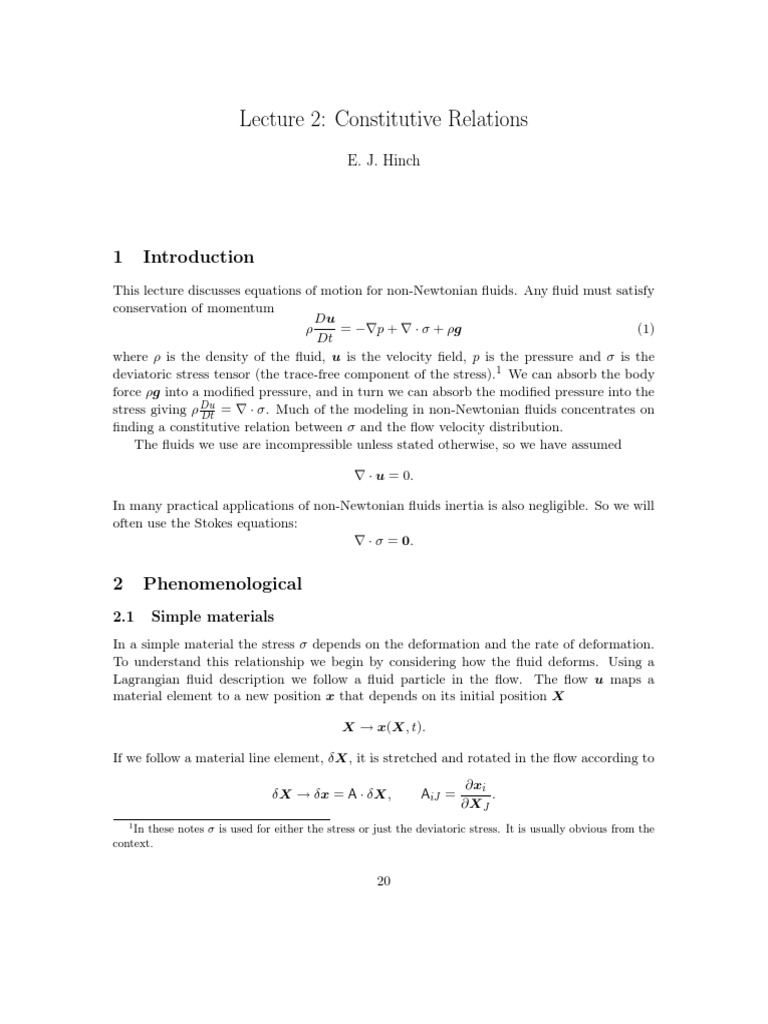 Lecture 2: Constitutive Relations: E. J. Hinch | PDF | Stress (Mechanics) | Fluid Dynamics