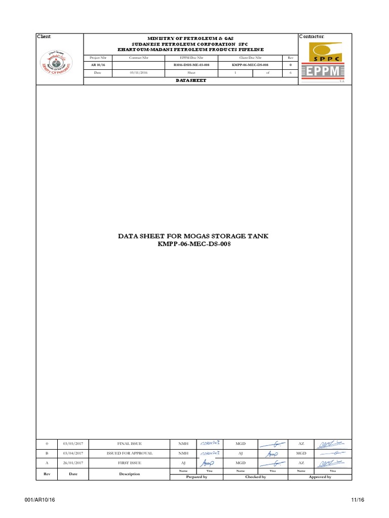 DATA SHEET FOR MOGAS STORAGE TANK - Rev.0 | PDF | Pipe (Fluid ...
