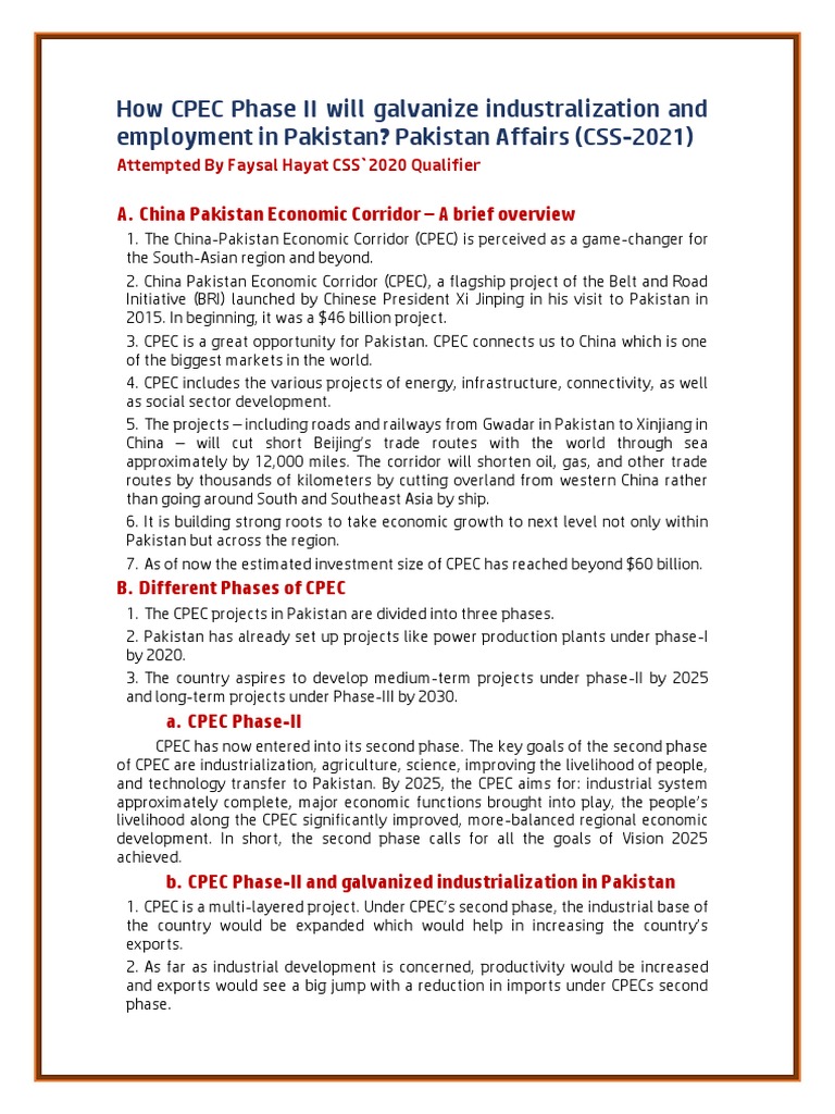 How CPEC Phase II Will Galvanize Industralization and Employment in Pakistan CSS2021 Paper ...