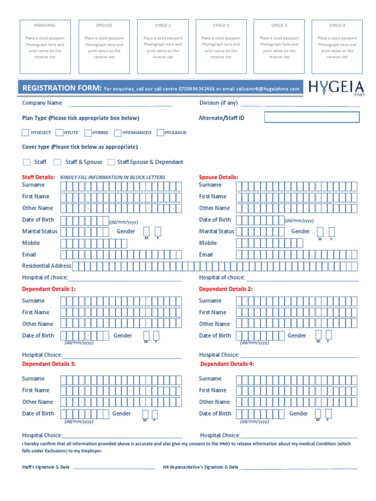 Hygeia HMO Registration Form | PDF | Government And Personhood | Business