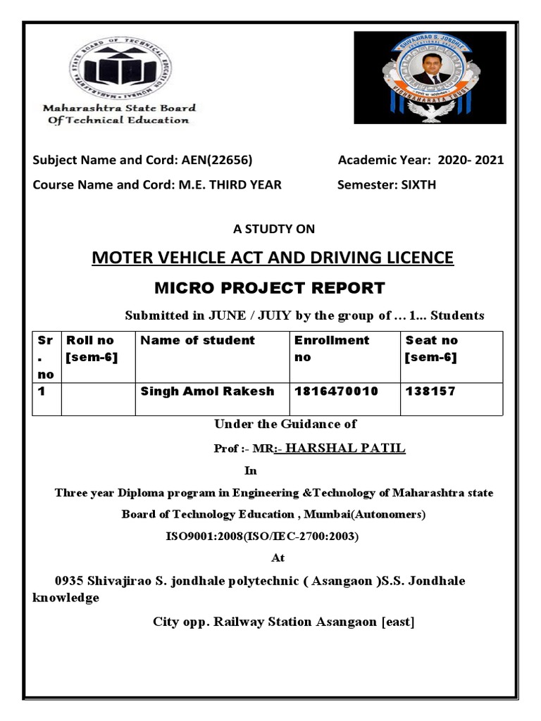 Moter Vehicle Act and Driving Licence: Micro Project Report | Download ...
