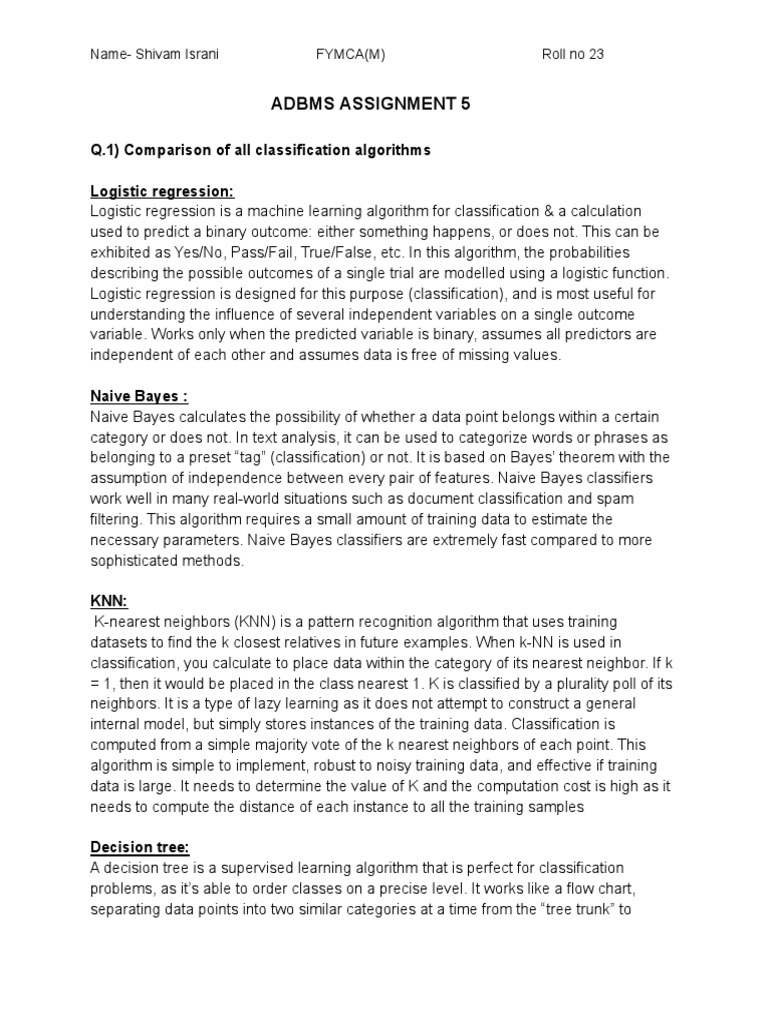 Adbms Assignment 5: Q.1) Comparison of All Classification Algorithms Logistic Regression | PDF ...
