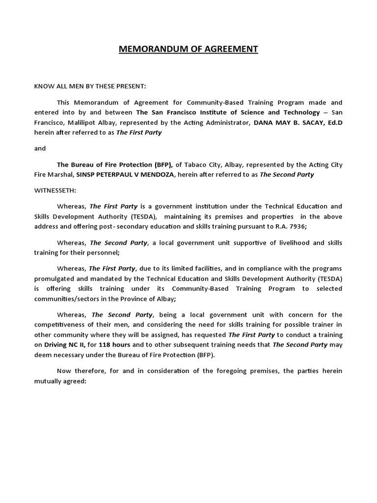 Memorandum of Agreement: The Bureau of Fire Protection (BFP), of Tabaco ...